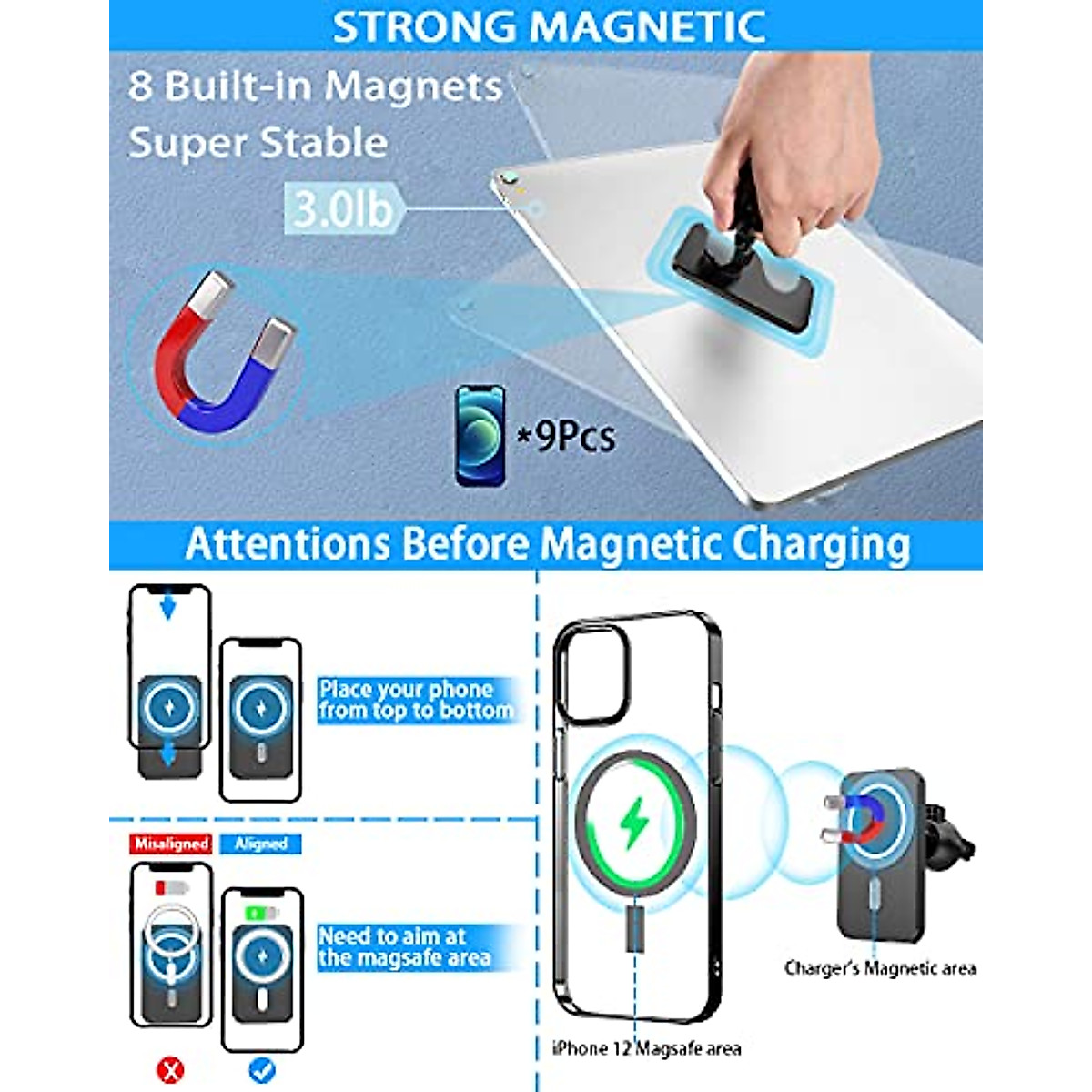 15W Magnetic Wireless Car Charger for iPhone 14/13/12/12 Pro/Pro Max/Mag-Safe Case, Qi Fast Charging Mag-Safe Car Charger Mount, Dashboard Air Vent Car Phone Holder Charger for iPhone 14/13/12 Series