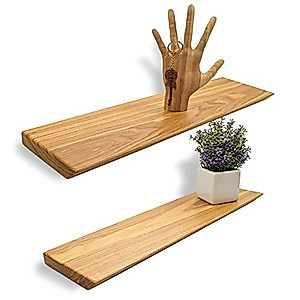 Wood Floating Shelves, 100% Ash Wood, Set of 2-Rustic Shelf 24" Wide Wooden Wall Shelves, Made in Europe, for Living Room Bedroom Kitchen Bathroom Farmhouse, Natural Color, 24 x 6.5 Live Edge