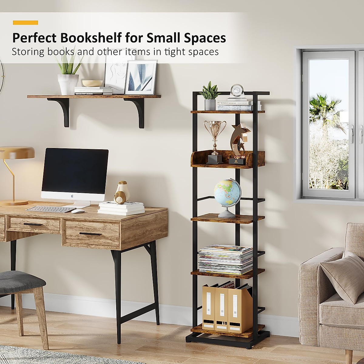 Hosfais Book Shelf Narrow Bookshelf: 5 Tier Wood Bookcase with Metal Edge Protection Industrial Modern Bookshelf Book Storage Organizer for Living Room Bedroom Home Office (Rustic Brown)