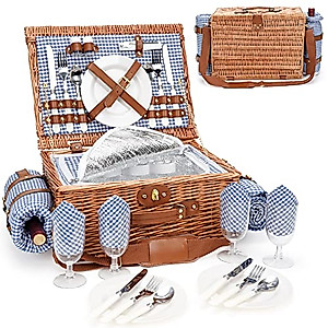 Picnic Basket for 4, Insulated Willow Picnic Baskets with Shoulder Strap, Picnic Hamper with Waterproof Picnic Blanket, Handmade Wicker Hamper for Outdoor, Great Gifts for Thanksgiving, Christmas