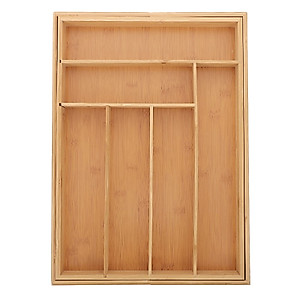 Yardwe Cutlery Tray with 6 Compartments Wood Flatware Organizer Divider Bamboo Silverware Holder Walnut Wooden Utensil Drawer for Kitchen Cutlery Storage (18.1 x 13 Inch)