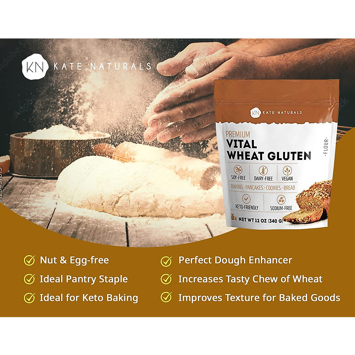 Kate Naturals Vital Wheat Gluten for Bread Making, Baking & Seitan (12oz). Natural Powder for Bread Machine. Non-GMO, High Protein Flour, Low Carb Bread for Vegan Gluten & Keto