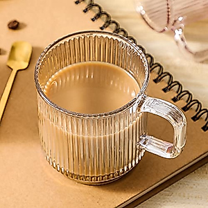 Lysenn Iridescent Glass Coffee Mug with Lid - Premium Classical Vertical Stripes Glass Tea Cup - for |Latte|Tea|Chocolate|Juice|Water| - Unleaded - Bamboo Lid - 12.5 Ounces