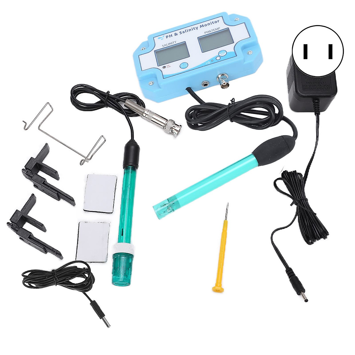 Water Quality Monitor Tester, 3 In 1 Salinity Temperature PH Tester Digital Lcd Screens Backlight Real Time Monitoring Rechargeable Wall Mount Water Quality Tester for Aquariums Hydroponics Pool(US)