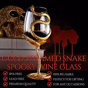 Stemmed Snake Wine Glass | SINGLE | 19oz Spooky Reptile Glasses 10" H, Gifts, Skeleton Gifts, Skeleton Decor, Spooky Wine Gift Set, Perfect for Themed Parties (Gold)