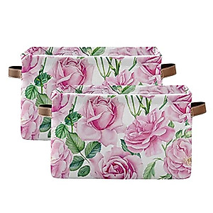 SUABO Floral Pink Roses Buds on White Toy Basket,Collapsible Storage Bin Basket with Handles¡ê?Laundry Baskets,Shelf Basket Nursery Storage for Bedroom Playroom,Set 2