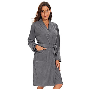 Vislivin Womens Lightweight Bathrobe Soft Kimono Robes Terry Cloth Bathrobe Knee Length Bath Gown Grey L