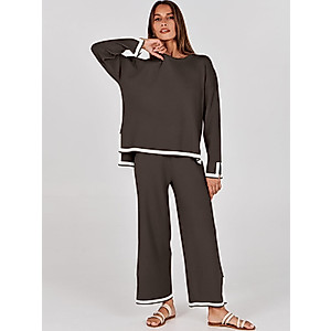 ANRABESS Women's Two Piece Outfits Long Sleeve Knit Pullover Sweater Tops & Wide leg Pants Casual Lounge Matching Sweatsuit Tracksuits Sets Coffee Large