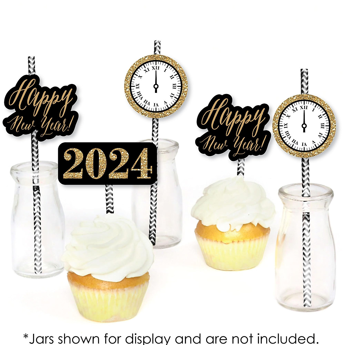 Big Dot of Happiness New Year's Eve - Gold - Paper Straw Decor - 2024 New Years Eve Party Striped Decorative Straws - Set of 24