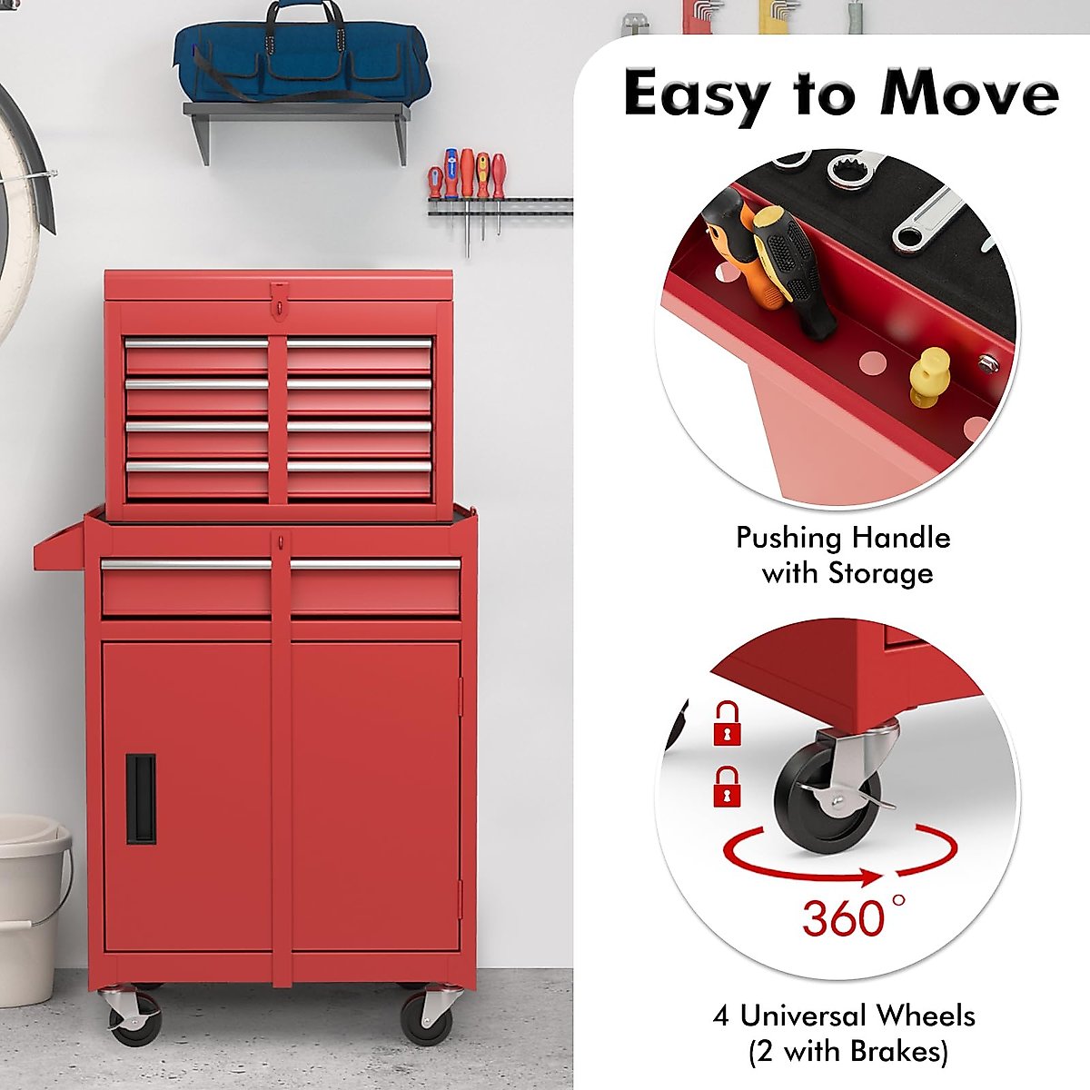 Goplus Rolling Tool Chest, 5-Drawer Tool Box Organizer w/Lockable Wheels & Sliding Drawers & Detachable Top & Adjustable Shelf, Tool Storage Cabinet for Garage Workshop (Red)