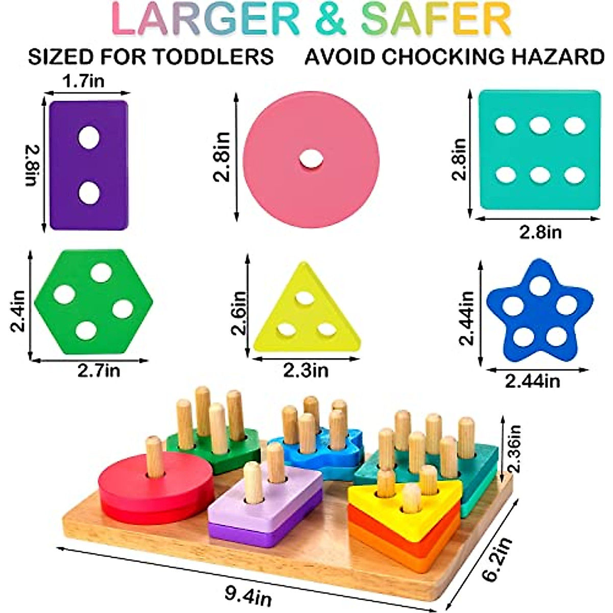 HELLOWOOD Wooden Sorting & Stacking Toys, Montessori Toys for 1 2 3 Years Old Toddlers, Shape Sorter Puzzles with 24-Piece Large Geometric Blocks & 12 Word Cards, Gift for 12+ Months Baby Boys Girls