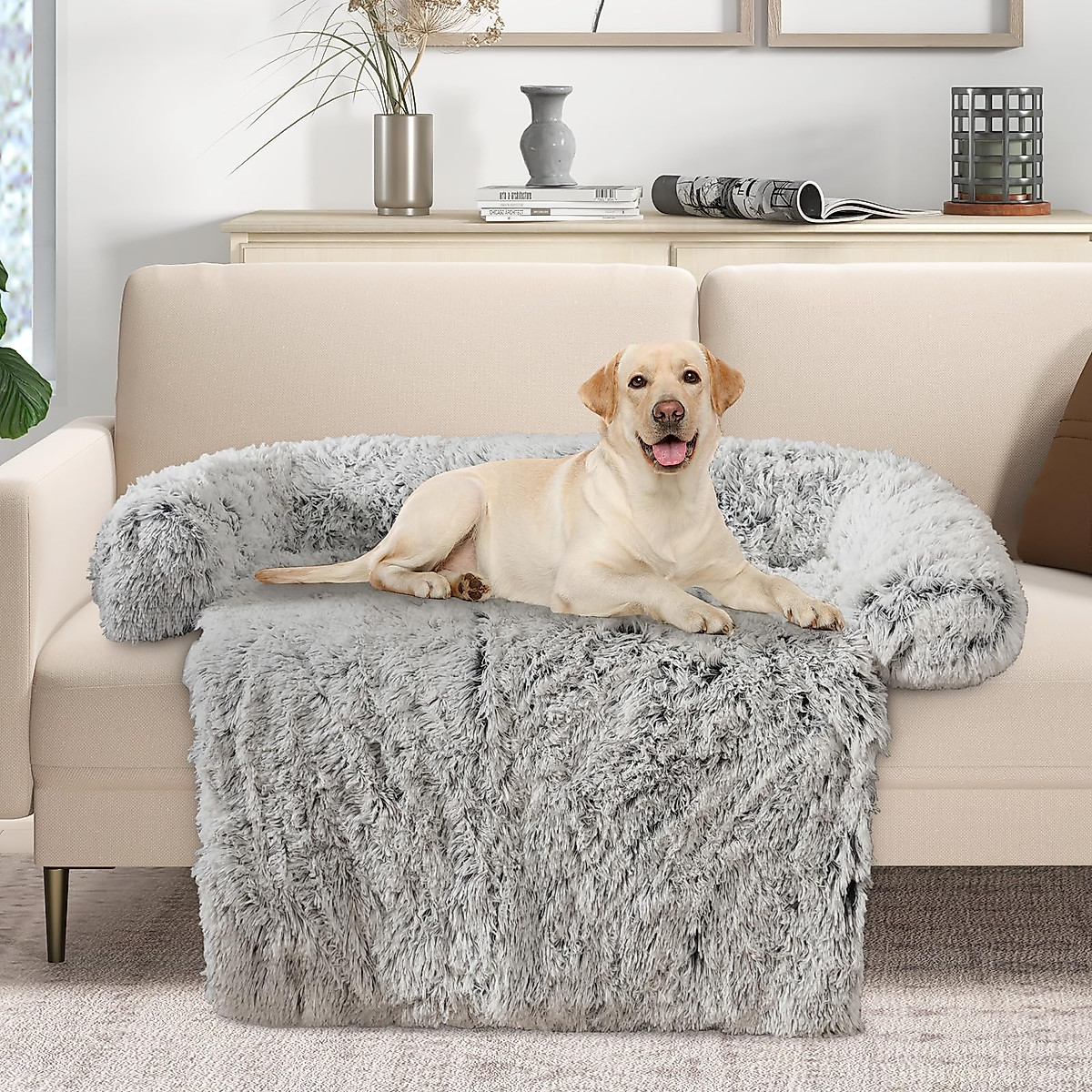 Giantex Calming Dog Bed - Fluffy Plush Pet Bed for Couch, Removable Washable Cover, Soft Neck Bolster, Dog Sofa Bed Furniture Protector Mats for Dogs Cats (Light Gray, Large - 47'' x 45'' x 7'')