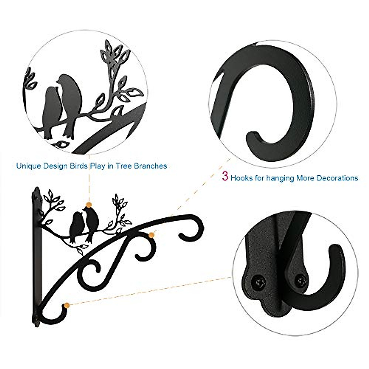 Heavy Duty Outdoor Hanging Plants Brackets, Plant Hangers with Wall Mounted Solid Steel Indoor Hooks, Support Up to 30 lbs for Basket Lantern/Light/Bird Feeder, Pack of 2 Garden Gifts Black (10 inch)