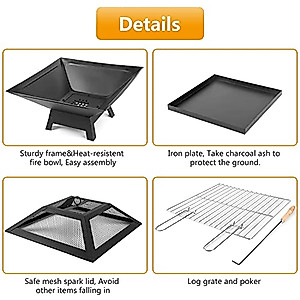 Magshion 2in1 18.5in Small Steel Wood Burning Fire Pit with Cooking Grate Square BBQ Grill Brazier Firepit Fire Bowl Fire Poker Backyard Patio Camping