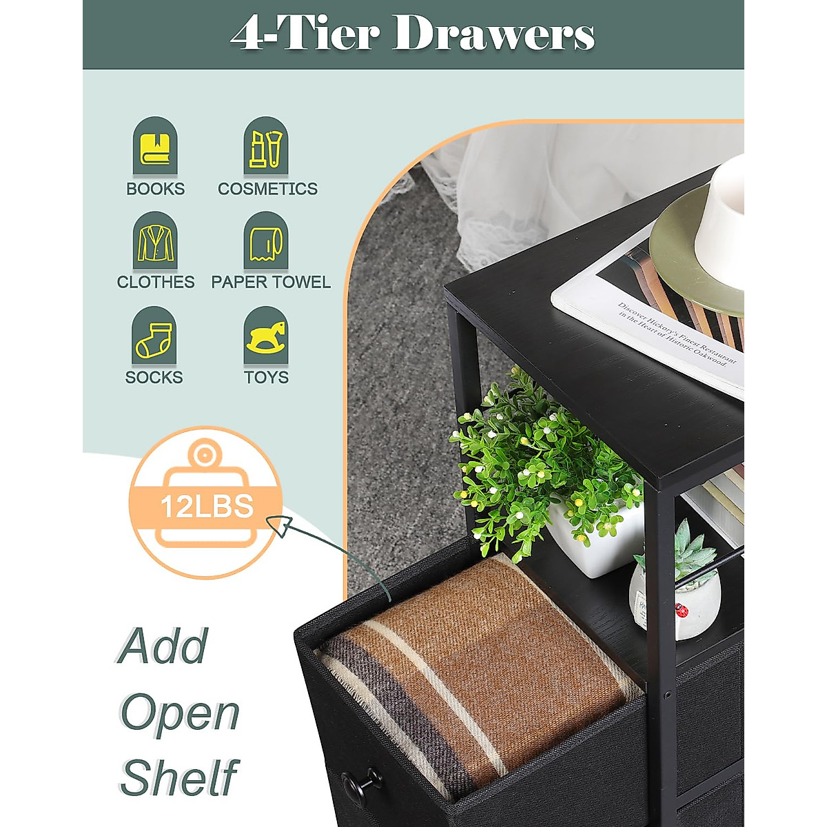 MOOACE Narrow Dresser Storage Tower, Slim Drawers Cabinet, Chest of 4 Fabric Drawers with Wood Shelf, Storage Dresser for Bedroom, Bathroom, Small Space, Closet, Laundry, Black