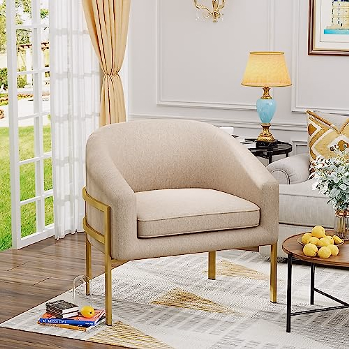 Aklaus Barrel Chairs Modern Arm Chair with Gold Metal Legs Upholstered Reading Accent Chair Club Chair with Removable Seat Cozy Sigle Sofa Chair Round Armchair for Living Guset Room Bedroom