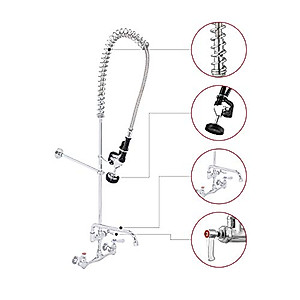 Commercial Kitchen Sink Pre-Rinse Faucet - DuraSteel 42" Height 8" Center No-Lead Wall Mount Industrial Faucet w/ Pull Down Pre-Rinse Sprayer & 12" Add-on Swing Spout - NSF Certified