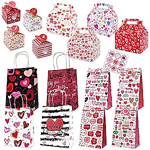17pcs Valentines Day Gift Bags, Gift Box Set, Candy Bag, Gift Boxes, Small Present Boxes, Gift Bags with Handles, Recycled Party Boxes and Bags, Heart Printed Cardboard Box for Candy, Cookies and Party Favors