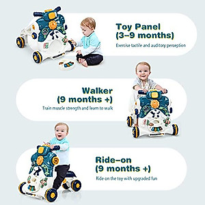 BABY JOY Sit-to-Stand Walker, 3 in 1 Baby Walker, Ride on Car, Game Panel, Kids Multifunctional Activity Center w/Lights, Music, Cute Toys, Educational Push Pull Learning Walker for Toddlers (Blue)