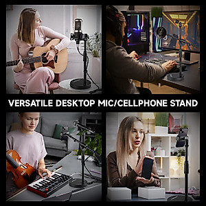 Microphone Stand Desk Adjustable Desktop Microphone Stand with Boom Arm Upgraded 3 in 1 Table Phone/Mic Stand with Microphone Clip,Cell Phone Clip,3/8" to 5/8" Adapter for Blue Yeti,Shure,Other Mic