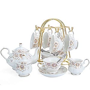 Tea Set 22-Piece Porcelain Ceramic Coffee Tea Gift Sets Cups Saucer Service for 6 Teapot Sugar Bowl Creamer Pitcher and Teaspoons (Chrysanthemum)