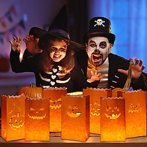 Mimorou 140 Pcs Halloween Pumpkin Bags Luminary Bags Cute Paper Lantern Candle Bags Flame Resistant Halloween Party Decoration, 7 Styles