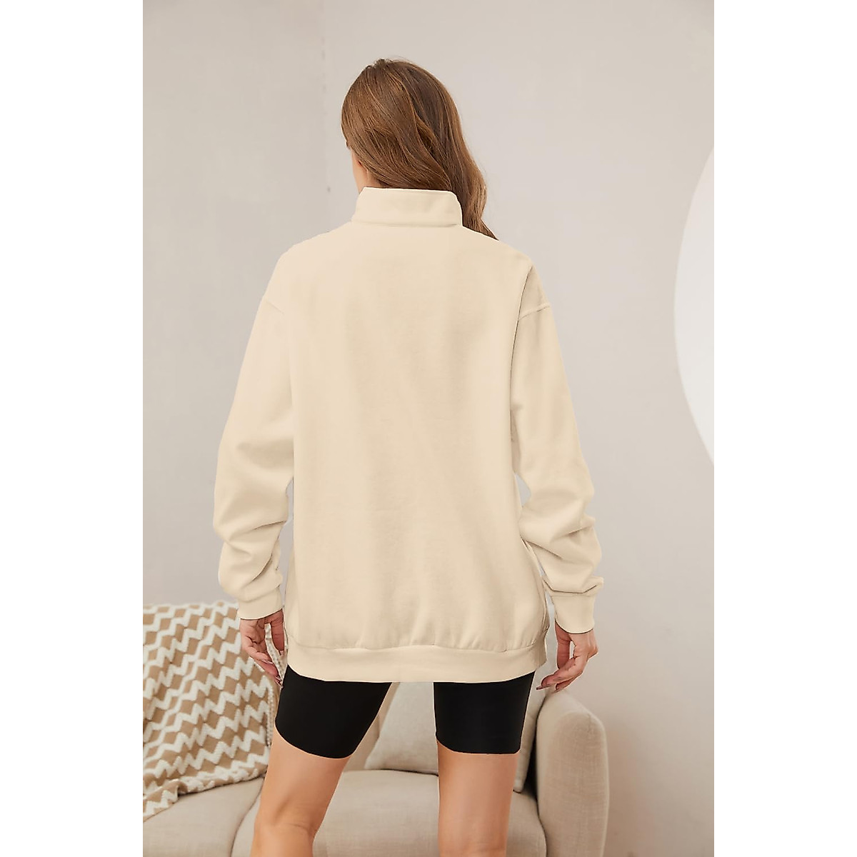 Meladyan Women's Half Zip Sweatshirt Oversized Long Sleeve Collar Drop Shoulder Solid 1 / 4 Zipper Pullover Coat, Apricot, Medium