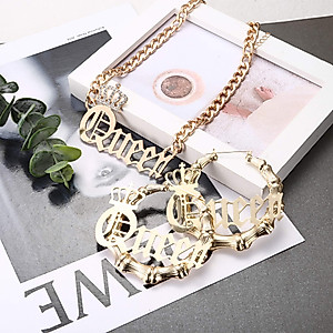 SAILIMUE Queen Pendant Curb Chain Necklace with Oversize Statement 90s Bamboo Hoop Earring Set for Women Gold Plated Color Punk Style Hip Hop Rapper