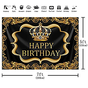 Aperturee Black and Gold Happy Birthday Backdrop 7x5ft Little Baby Boy Prince King Crown Photography Background Celebration Party Decoration Supplies Cake Table Banner Photo Booth Prop