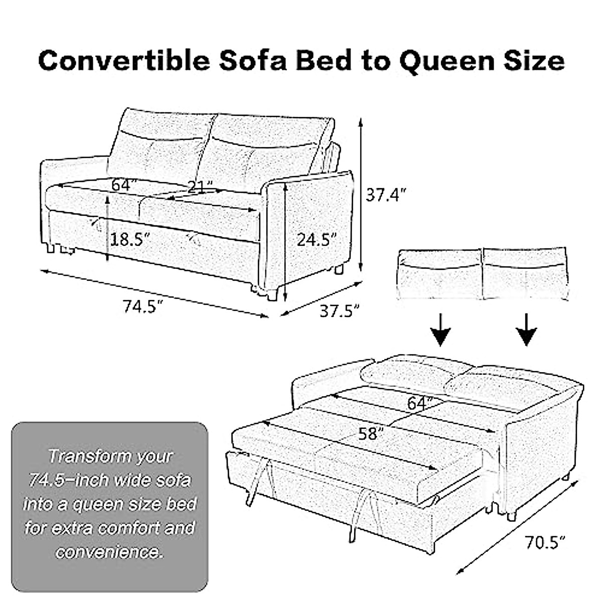 FANYE 74.5" W Futon Loveseat W/Pull Couch Bed and 2 Pillows,3 in 1 Reclining Backrest Love Seat Convertible Queen Size Sleeper & Sofabed for Home Apartment Office Living Room, Green