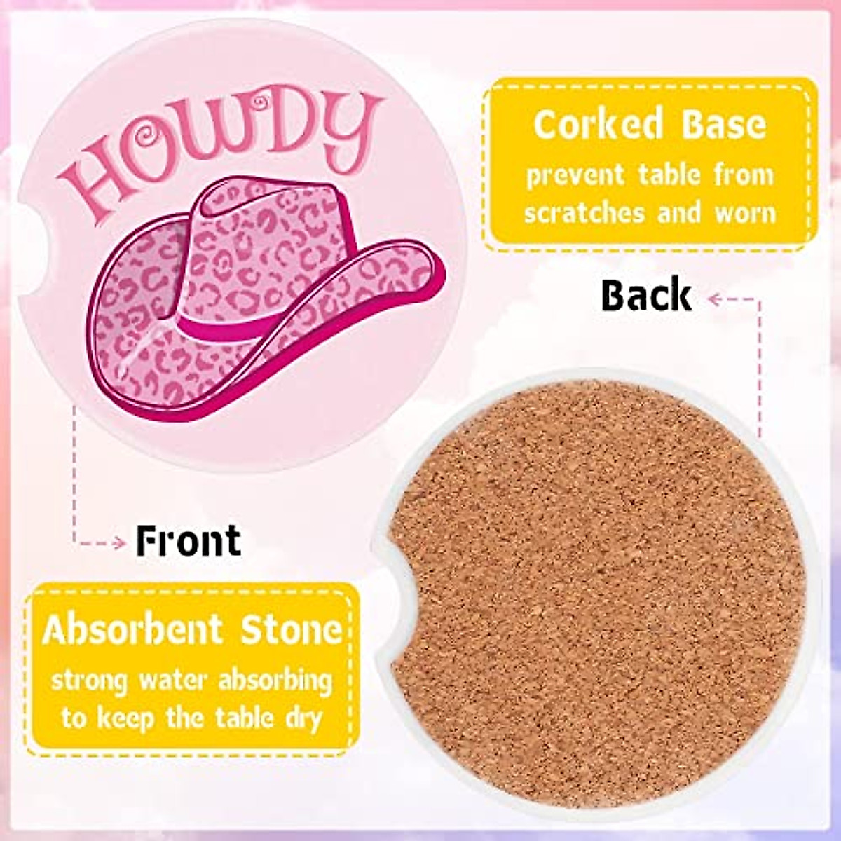 Newtay 9 Pcs Preppy Car Coasters with Finger Notch Aesthetic Smile Lip Lightning Bolt Leopard Absorbent Ceramic Coasters with Cork Base Preppy Aesthetic Car Drinks Coasters for Auto Accessories, Pink