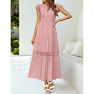 ZESICA Women's Casual Crew Neck Flutter Sleeve Smocked High Waist Hollow Out Lace Trim Tiered A Line Midi Dress,DarkPink,Small