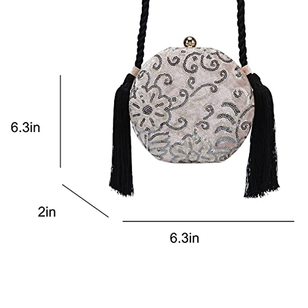 Fawziya Evening Clutch Sequin Embroidery Tassel Round Velvet Medium Novelty Purses For Women Crossbody-Beige