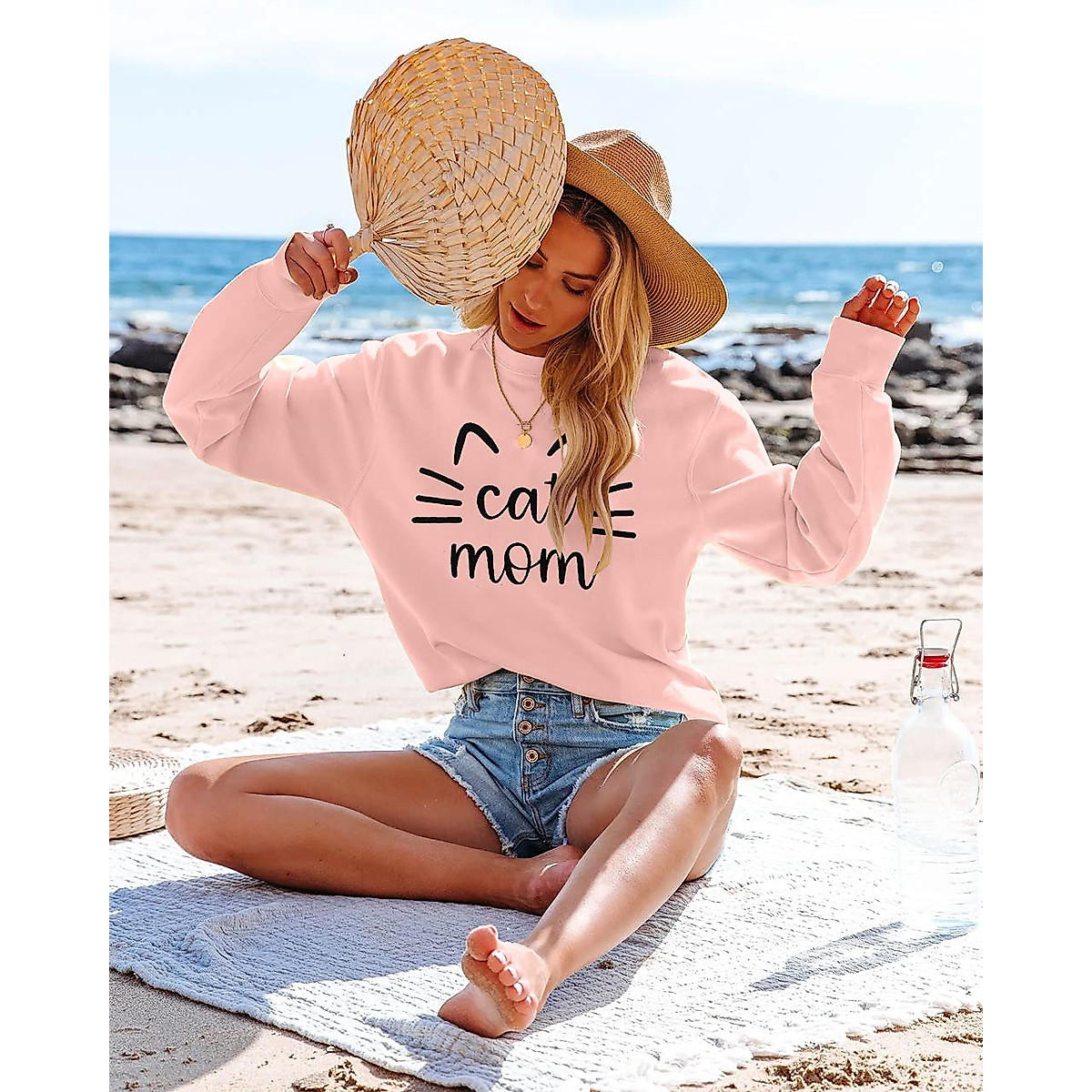 Cat Mom Sweatshirt Women Cat Mama Shirt Cute Cat Long Sleeve Letter Print Tshirt Tops Pink