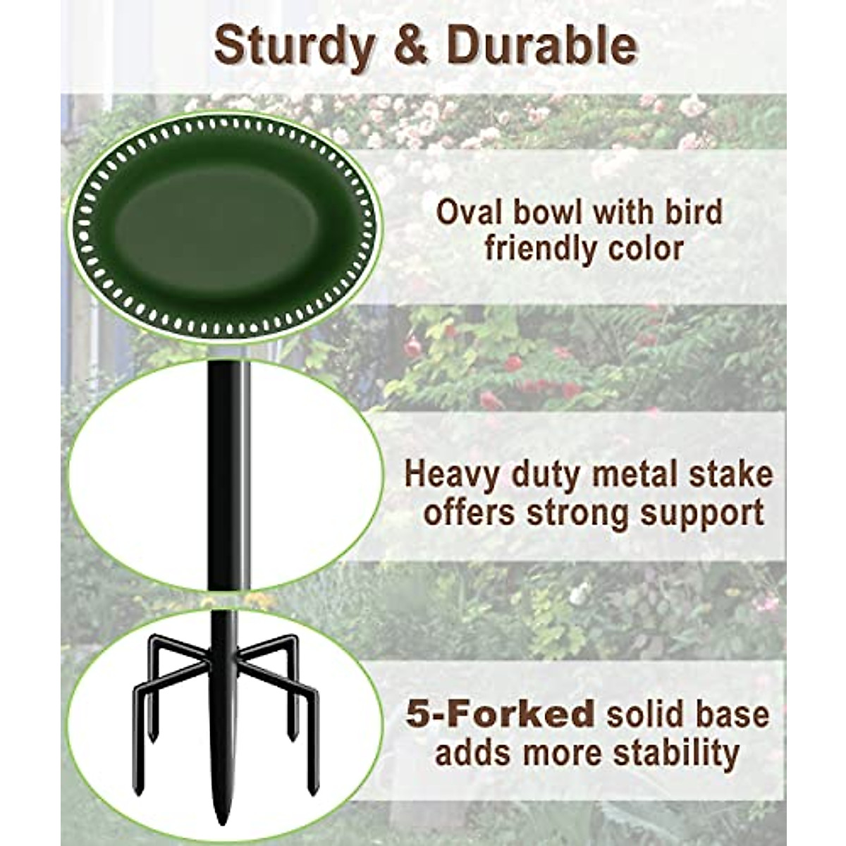 Garbuildman Upgraded 5-Prong Base Bird Bath with Metal Stake, Detachable Decoration Bowl Spa & Freestanding Birdfeeder for Outdoor Garden, Oval Style, Green