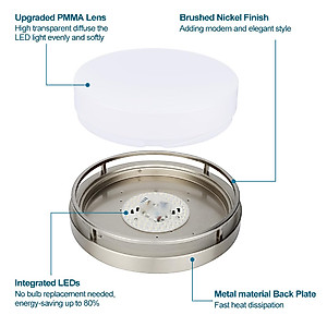 Xbuyee 2Pack LED Flush Mount Ceiling Light Fixture 13 Inch 20W, On/Off Switch 3000/4000/5000K Color Selectable, Dimmable Ceiling Lamp for Kitchen, Hallway, Stairwell, Brushed Nickel, ETL