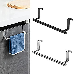 Steel Over The Door Towel Rack Bar 2 Pack, Towel Rack for Cabinet, LADYAMZ 9 Inch Kitchen Bathroom Towel Holder Storage for Bathroom Laundry Office Cupboard Door Holds Hand Dish Towels (Black+Silver)