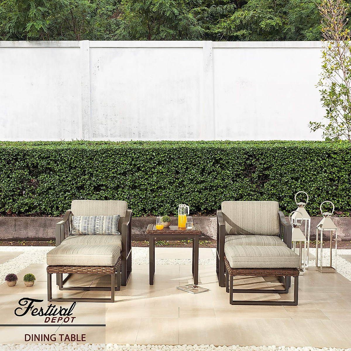 Festival Depot 22” Patio Side Table Metal Bistro Table with Wicker Edge and Slatted Steel Top All Weather Outdoor Furniture for Porch Deck (Square)