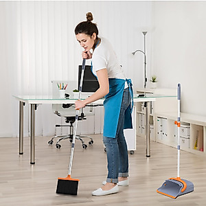 AXFRVEWA Broom and Dustpan Set with 52" Long Handle Broom with Dustpan Combo Set, Self-Cleaning Teeth & Standing Dust Pan and Broom for Home Office Kitchen Lobby Floor Use-Gray&Orange