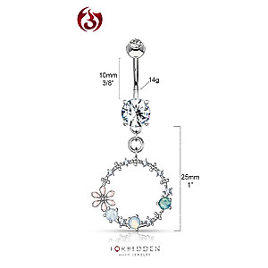 Forbidden Body Jewelry Surgical Steel Fancy Dangle Belly Button Ring with Flower, CZ and Opalite Detail, Circle (Silver)