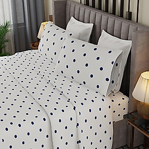 SUPREME ELEGANCE Hotel Percale Cotton Rich Sheets, Polka Dot Navy Full Size Bed Sheet, Wrinkle-Resistant, Brushed for Extra Softness, Luxury Bed Sheets Full, Elasticized Deep Pocket Bedding Set