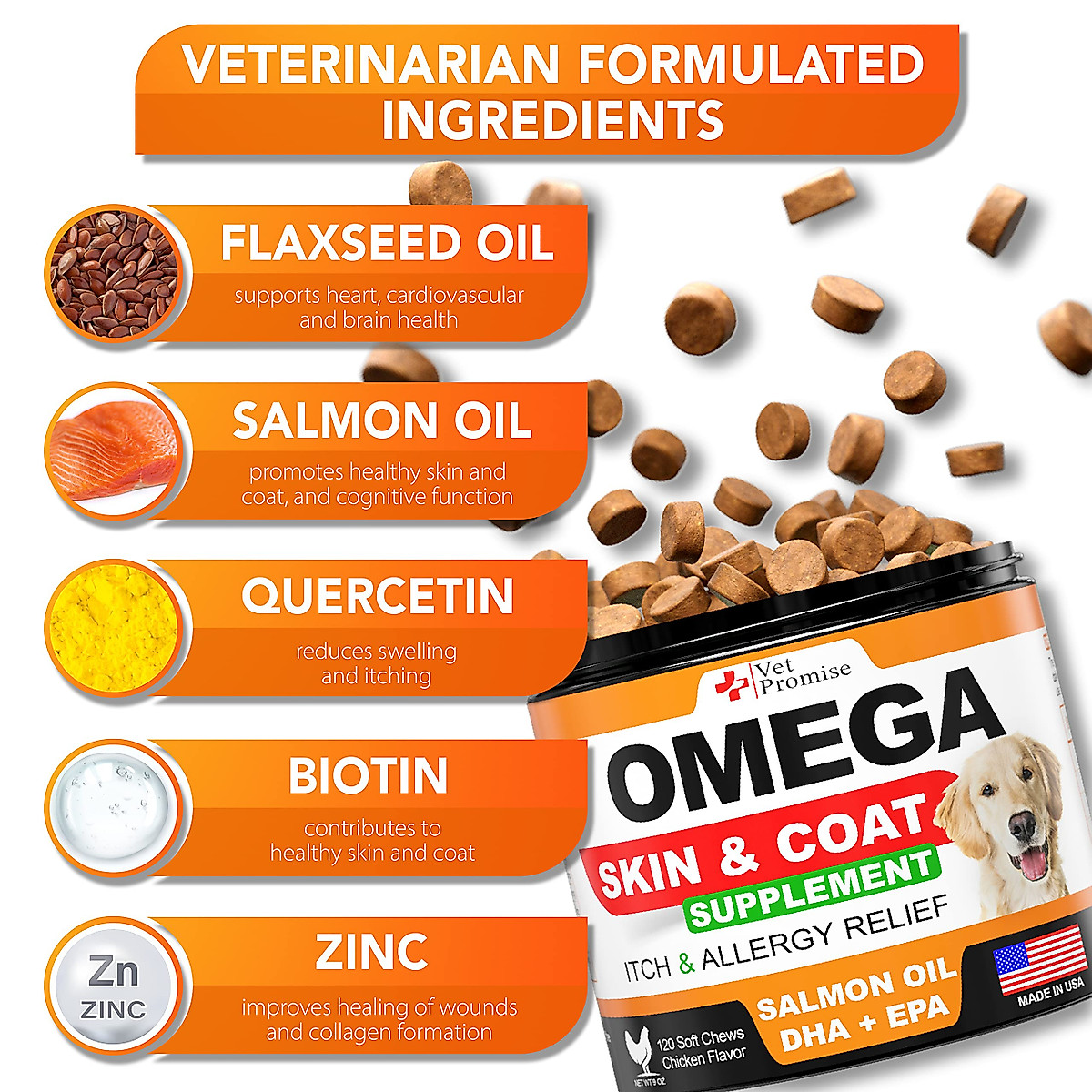 Omega 3 for Dogs - Dog Skin and Coat Supplement - Fish Oil for Dogs Chews - Allergy and Dog Itch Relief - Dog Anti Shedding Supplement - Dog Dry Skin Treatment - Salmon Oil - Made in USA - 120 Treats