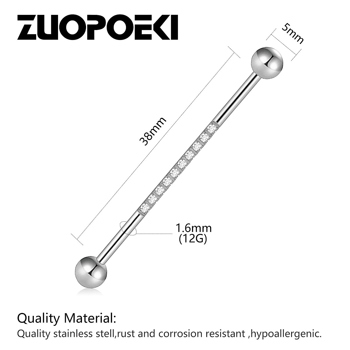 ZUOPOEKI Industrial Piercing Jewelry 15G Surgical Steel Barbell for Cartilage Industrial Bar Piercings Gold Silver