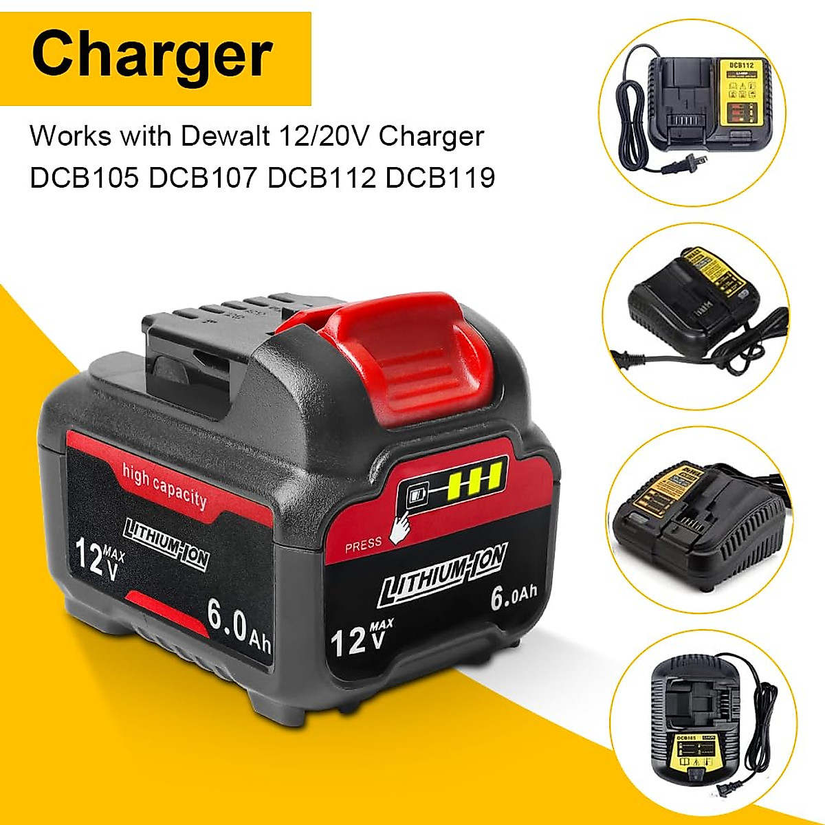 TENMOER 2 Pack 6.0Ah Compatible with Dewalt 12V 6.0Ah Battery Replacement for 12V Dewalt Batteries DCB127 DCD701F2