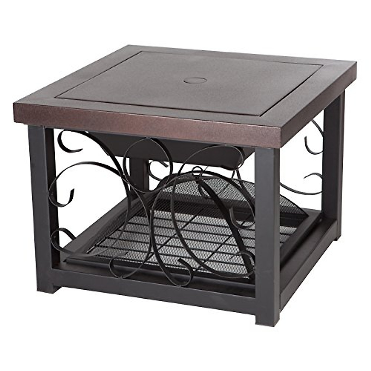 Fire Sense 61331 Fire Pit Cocktail Square Table Wood Burning Steel Mesh Spark Screen Wood Grate Screen Lift Steel Firepit with Log Storage Rack - Hammer Tone Bronze Finish