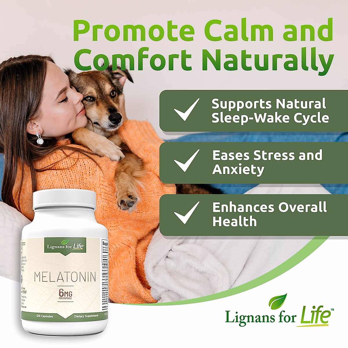 Lignans for Life Melatonin for Dogs & People, 6mg - 120 Capsules - Capsules - Pet Treats - Vitamins for Overall Health