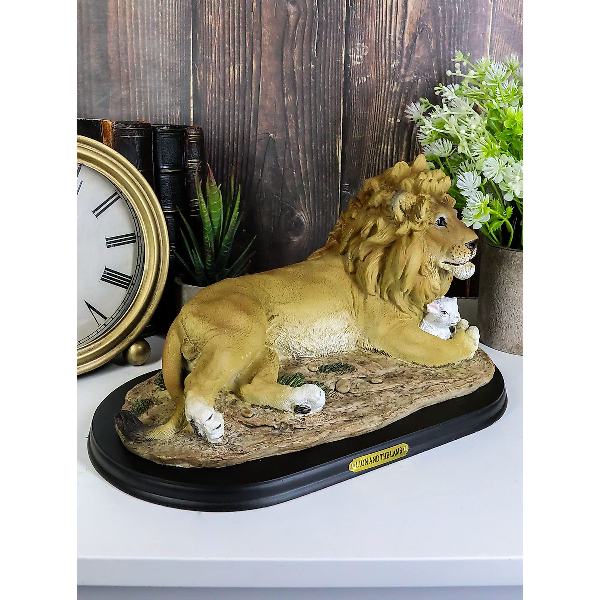 Ebros Gift Religious Christian Inspirational Lion and The Lamb Statue with Base and Brass Plate Title Home Decor Revelations 5 Sculptural Reproduction Jesus Christ Lion of Judah and Lamb of God