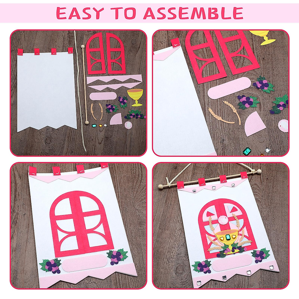 SmoothNovelty First Communion Banner Kit 9 x 12 Inches Felt Holy Communion Banner First Communion Grapes Craft 1st Communion Banner Kit for Church Sunday School Boys Girls DIY Catholic (Pink)