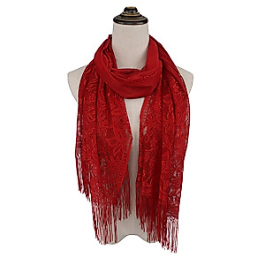 YOUR SMILE Ladies/Women's Lightweight Solid Color Fringe Lace Tassels Long Shawl Scarf For Spring Summer Fall (Red)