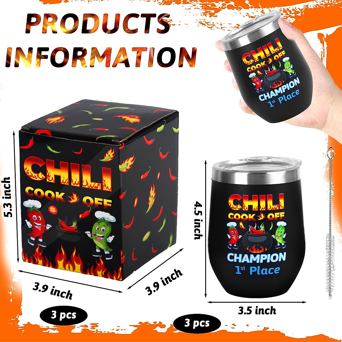Tkifoda 3 Pcs Chili Cook Off Prizes Trophies Cups 1st 2nd 3rd Place Chili Cups Awards 12 oz Stainless Steel Insulated Tumbler with Lids Straws Brush Chili Boxes Chili Cook Off Decorations Supplies